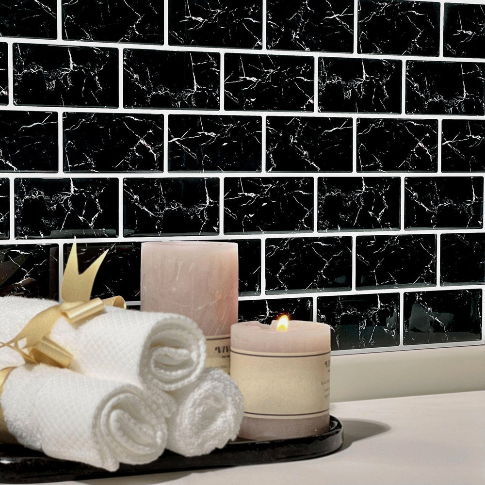 Black Marble Renter-Friendly Peel & Stick Tiles for Kitchen Backsplash